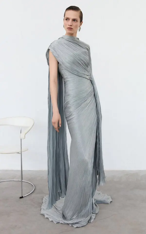 MARMAR HALIM Pleated Silk Cape Maxi Dress