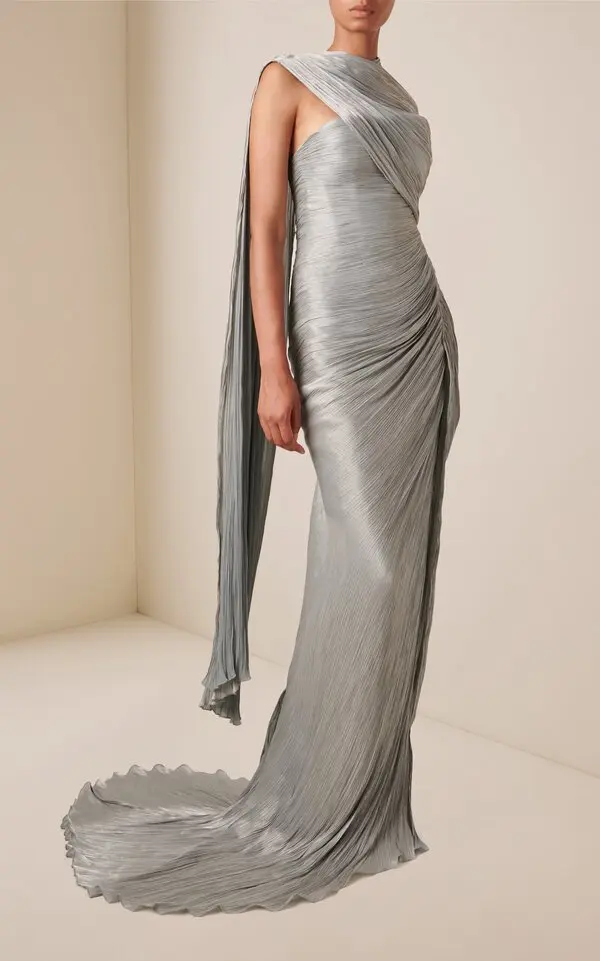 MARMAR HALIM Pleated Silk Cape Maxi Dress