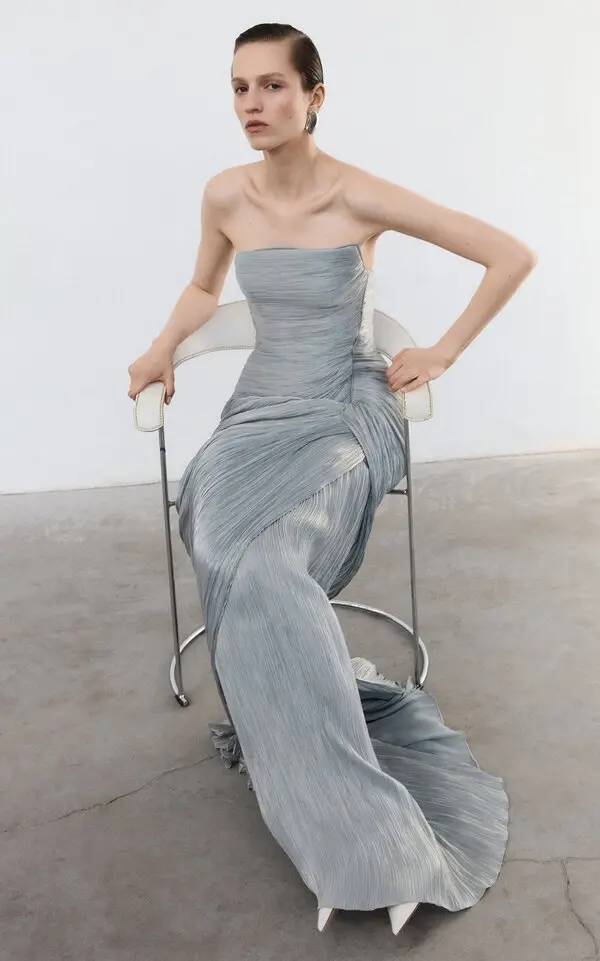 MARMAR HALIM Pleated Silk Cape Maxi Dress
