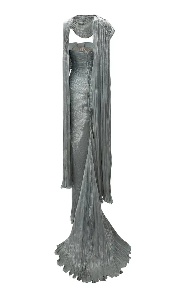MARMAR HALIM Pleated Silk Cape Maxi Dress