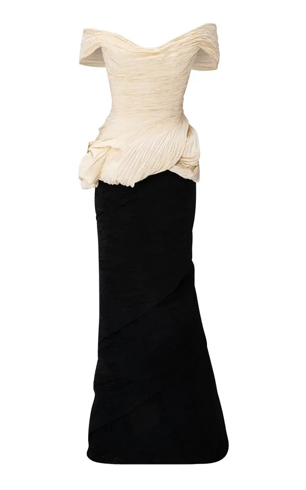 MARMAR HALIM Off-the-shoulder Pleated Taffeta Mermaid Dress - Black/white