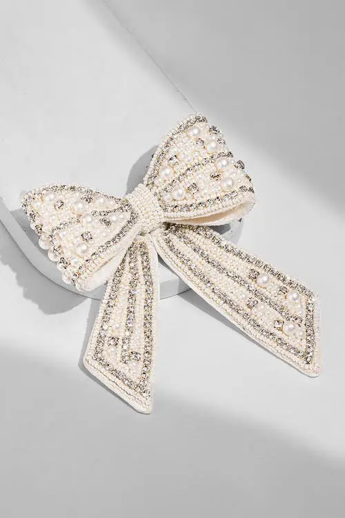 HAIR DRAMA CO Embellished Crystal & Pearl Hair Bow Barrette Clipsilver - Ivory