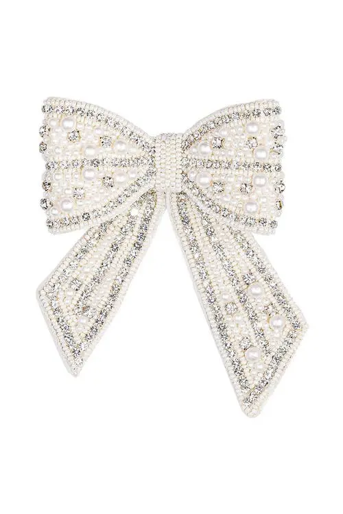 HAIR DRAMA CO Embellished Crystal And Pearl Hair Bow Barrette Clip