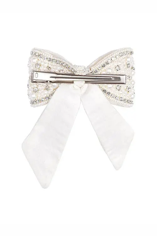 HAIR DRAMA CO Embellished Crystal And Pearl Hair Bow Barrette Clip