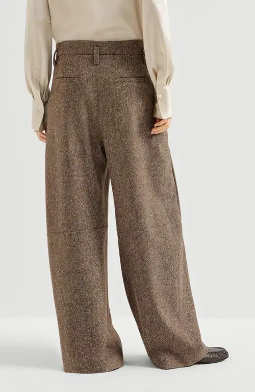 Brunello Cucinelli Virgin Wool Donegal Pleated Barrel Trousers With Monili - Light Brown