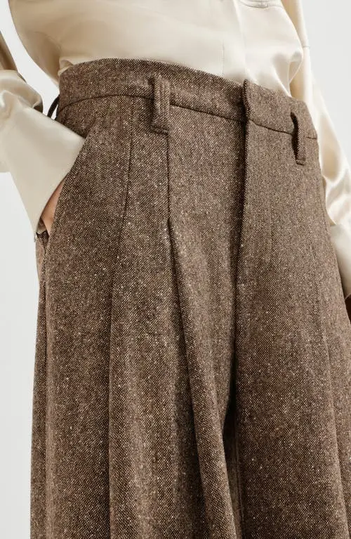 Brunello Cucinelli Virgin Wool Donegal Pleated Barrel Trousers With Monili - Light Brown