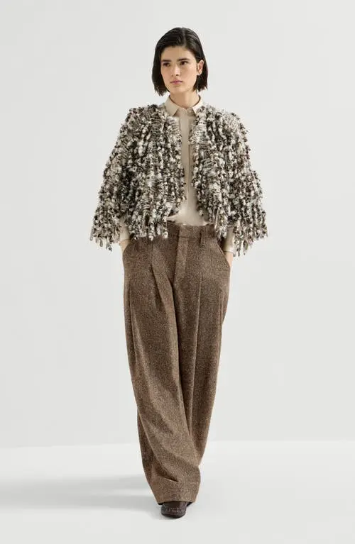 Brunello Cucinelli Virgin Wool Donegal Pleated Barrel Trousers With Monili - Light Brown