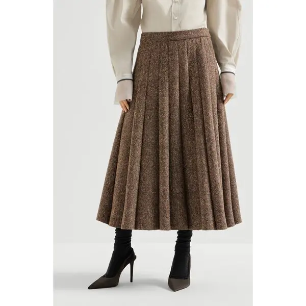 Brunello Cucinelli Virgin Wool Donegal Pleated Skirt - Light Brown