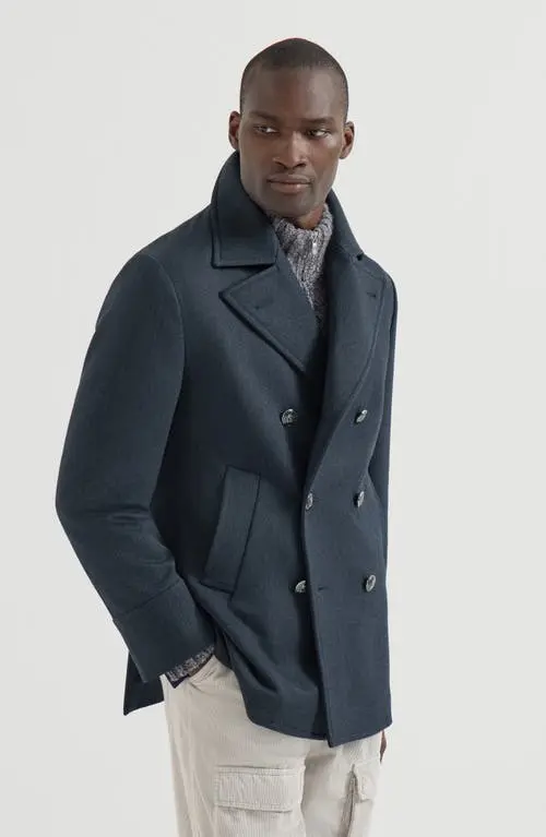 Brunello Cucinelli Wool And Cashmere Cavalry Pea Coat With Metal Buttons - Blue