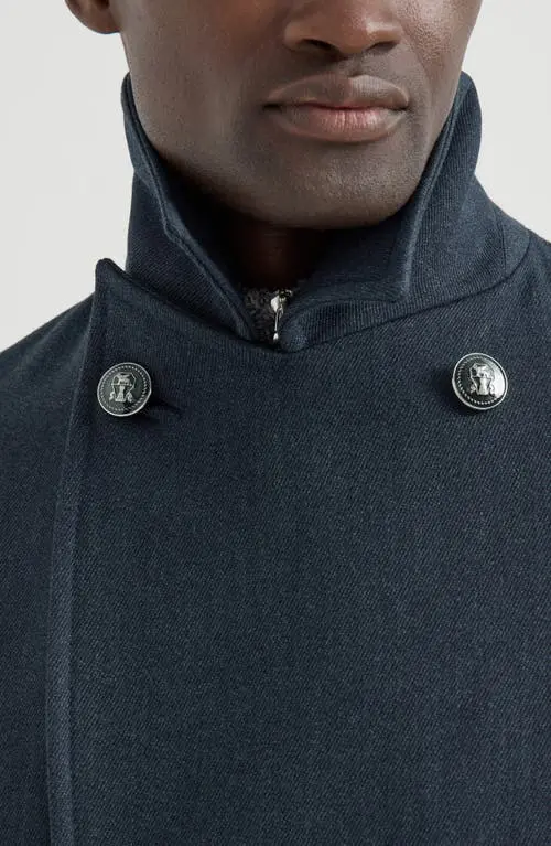Brunello Cucinelli Wool And Cashmere Cavalry Pea Coat With Metal Buttons - Blue