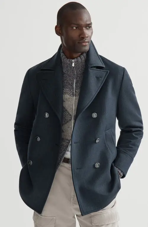 Brunello Cucinelli Wool And Cashmere Cavalry Pea Coat With Metal Buttons - Blue