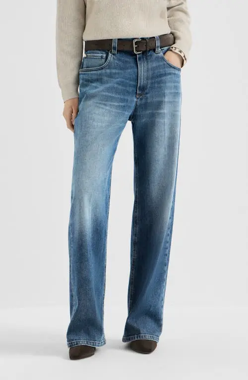 Brunello Cucinelli Comfort Cotton Contemporary Loose Trousers With Monili - Denim
