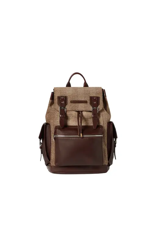 Brunello Cucinelli Burnished Calfskin And Chevron-effect Techno Fabric Backpack