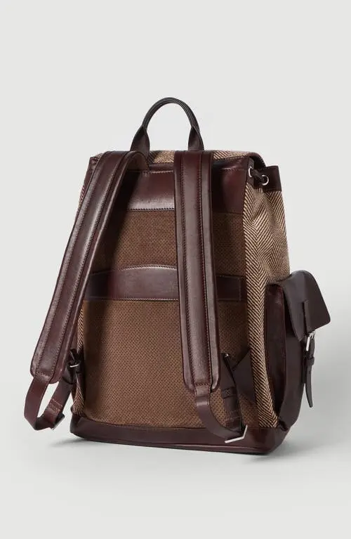 Brunello Cucinelli Burnished Calfskin And Chevron-effect Techno Fabric Backpack