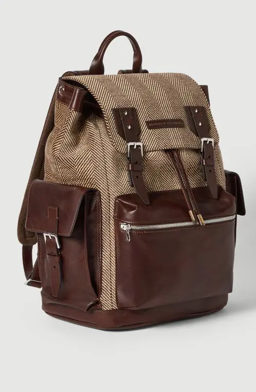 Brunello Cucinelli Burnished Calfskin And Chevron-effect Techno Fabric Backpack