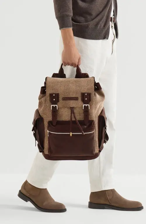 Brunello Cucinelli Burnished Calfskin And Chevron-effect Techno Fabric Backpack
