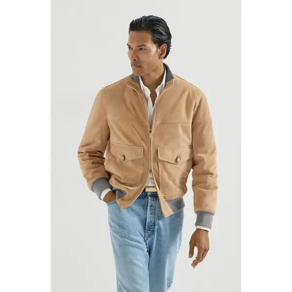 Brunello Cucinelli Suede Bomber Jacket With Thermore® Padding - Sand