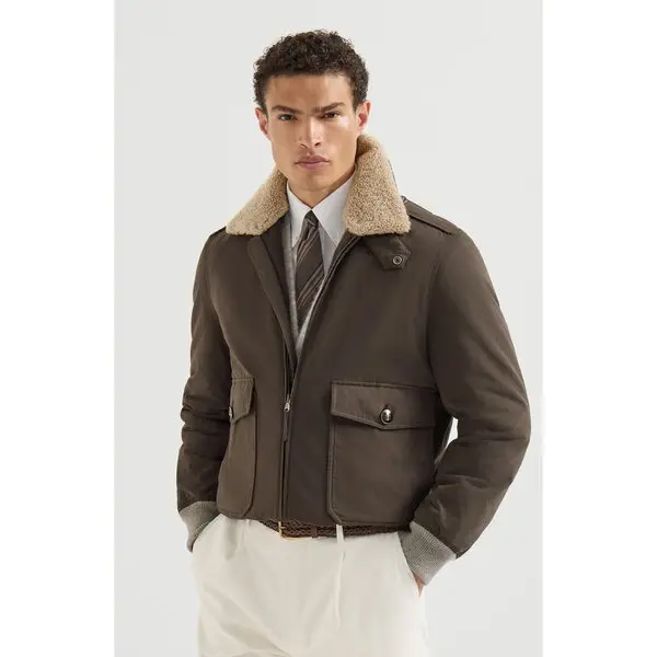 Brunello Cucinelli Waxed Techno Cotton Bomber Jacket With Thermore® Padding And Detachable Shearling Collar - Dark Grey