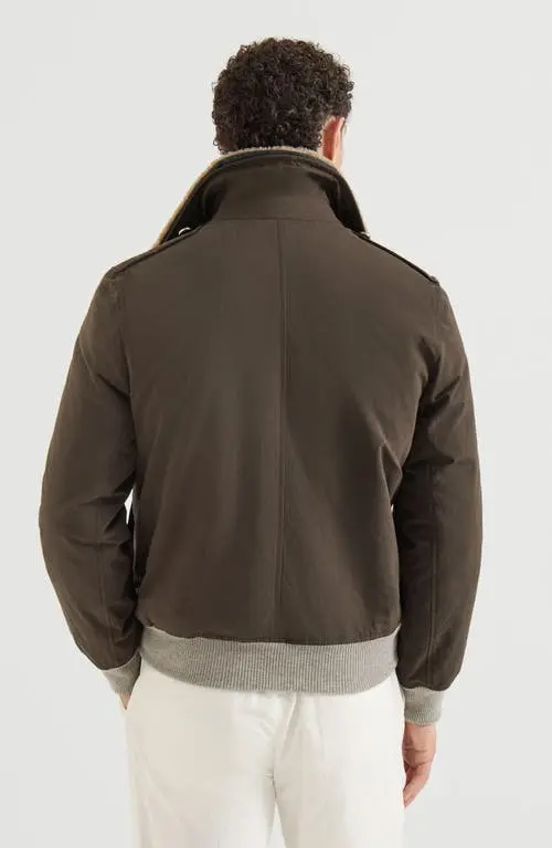 Brunello Cucinelli Waxed Techno Cotton Bomber Jacket With Detachable Shearling Collar - Dark Grey