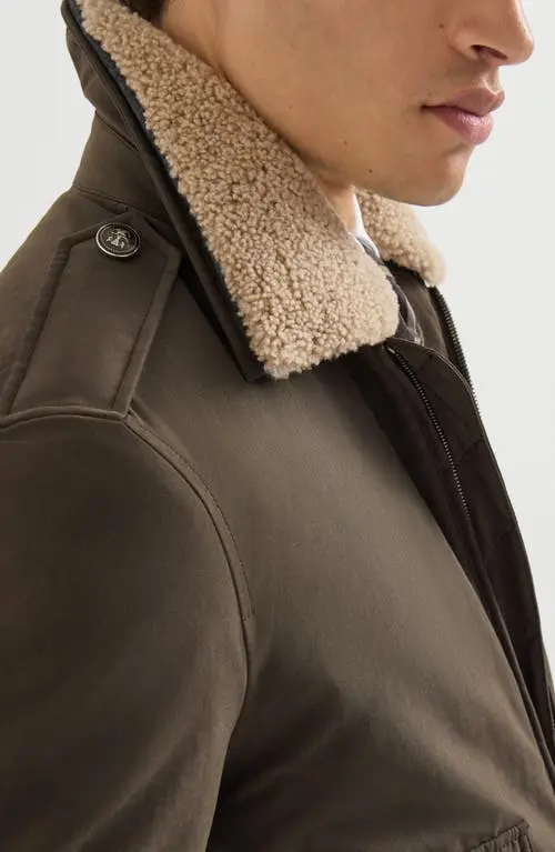 Brunello Cucinelli Waxed Techno Cotton Bomber Jacket With Detachable Shearling Collar - Dark Grey
