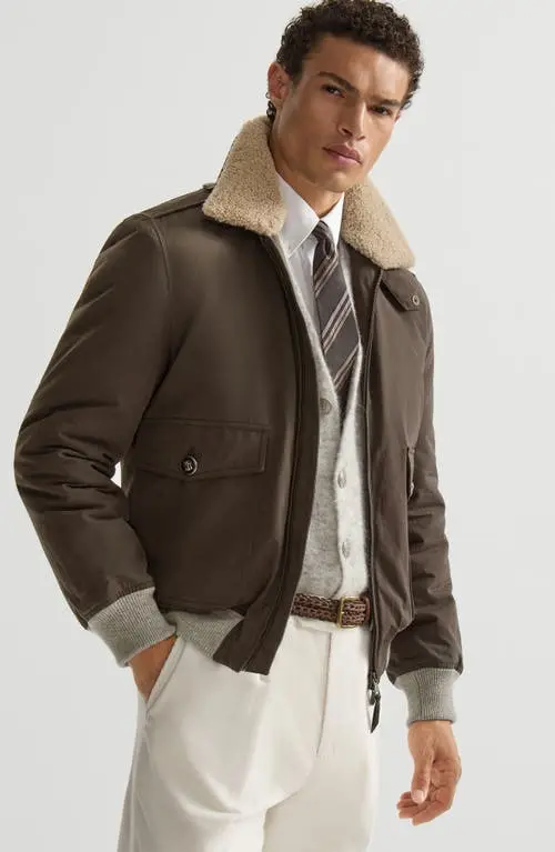 Brunello Cucinelli Waxed Techno Cotton Bomber Jacket With Detachable Shearling Collar - Dark Grey