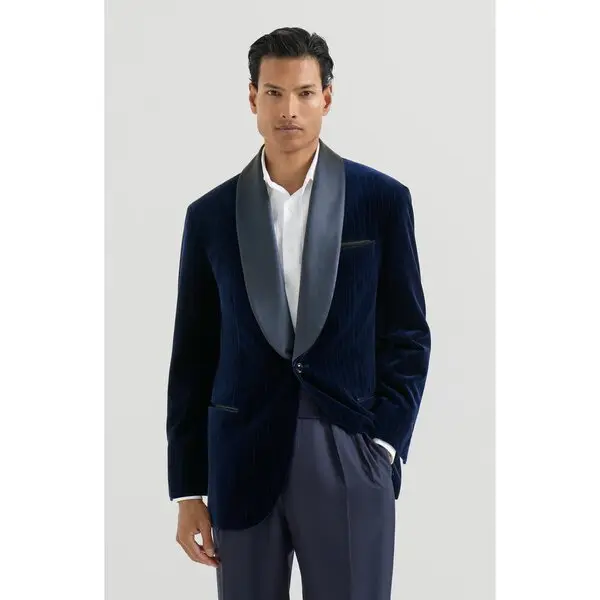 Brunello Cucinelli Cotton Chalk Stripe Velvet Tuxedo Jacket With Shawl Lapels - Navy Blue