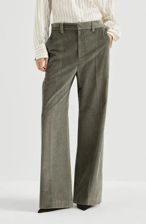 Brunello Cucinelli Cotton Corduroy Loose Trousers With Monili - Origano