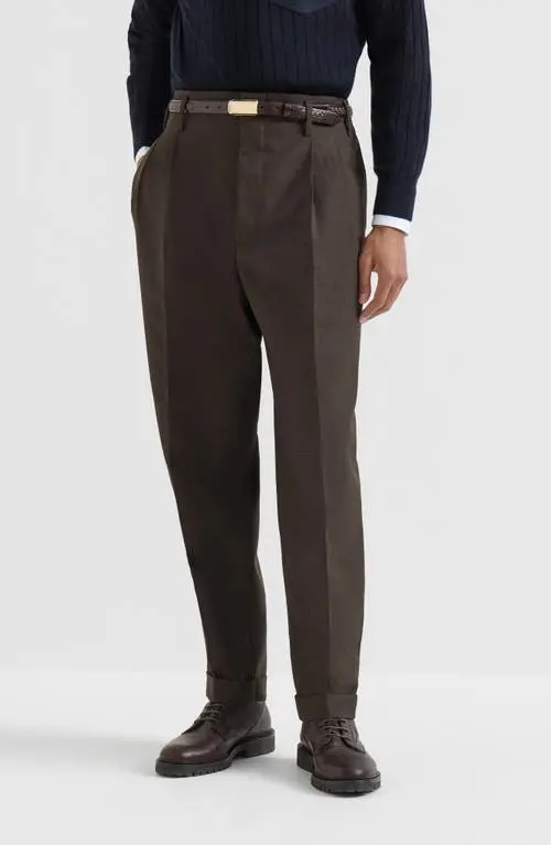 Brunello Cucinelli Virgin Wool Diagonal Trousers With Double Pleats - Rust Brown