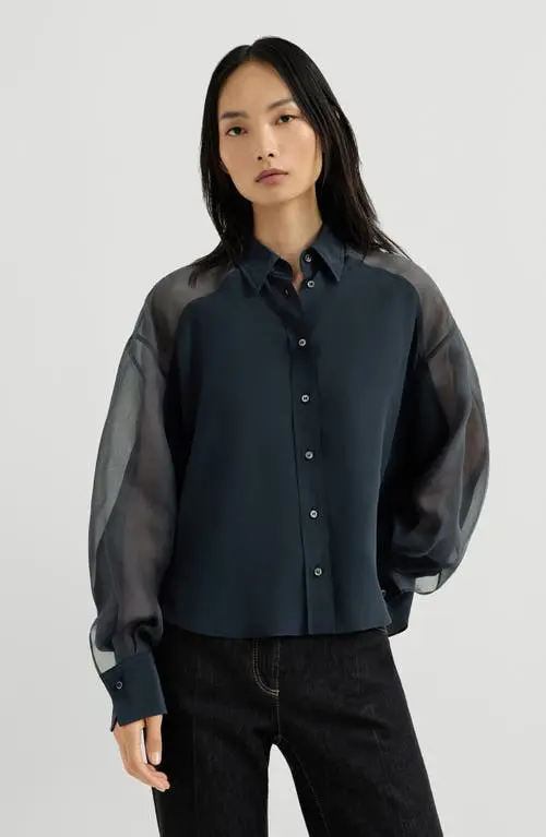 Brunello Cucinelli Silk Crêpe De Chine Paneled Shirt With Monili - Blue