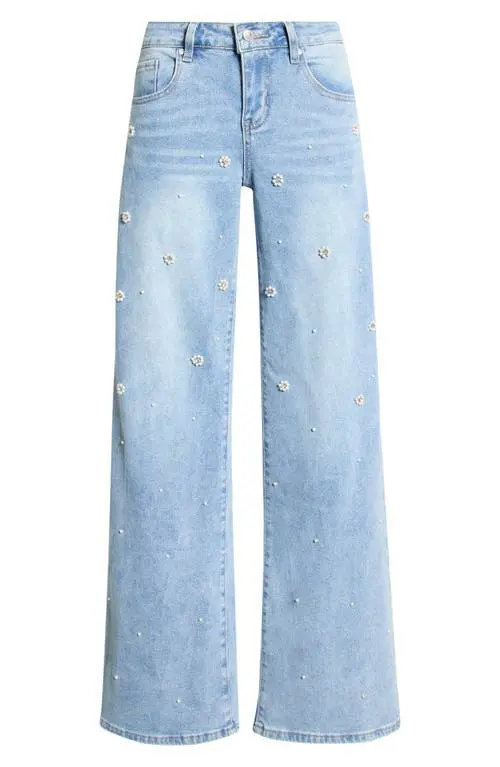 FADE OUT LOUD Stretch Wide Leg Jeans With Embellished Blooms