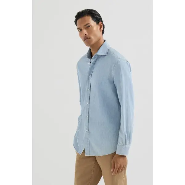 Brunello Cucinelli Lightweight Denim Shirt With Spread Collar - Light Blue Denim