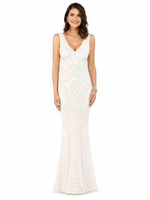 LARA NEW YORK Beaded Faux-wrap V-neck Bridal Gown - White