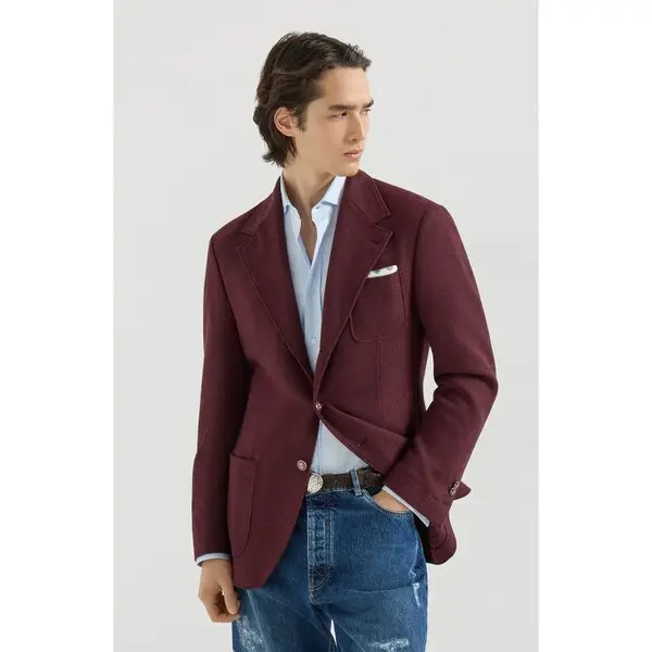 Brunello Cucinelli Cashmere Panama Deconstructed Blazer With Patch Pockets And Metal Buttons - Burgundy