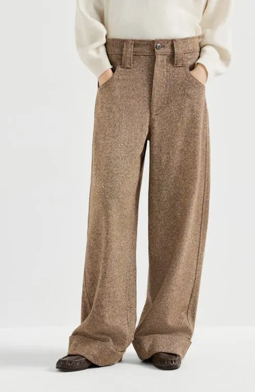 Brunello Cucinelli Virgin Wool Donegal Baggy Five-pocket Trousers With Monili - Cappuccino