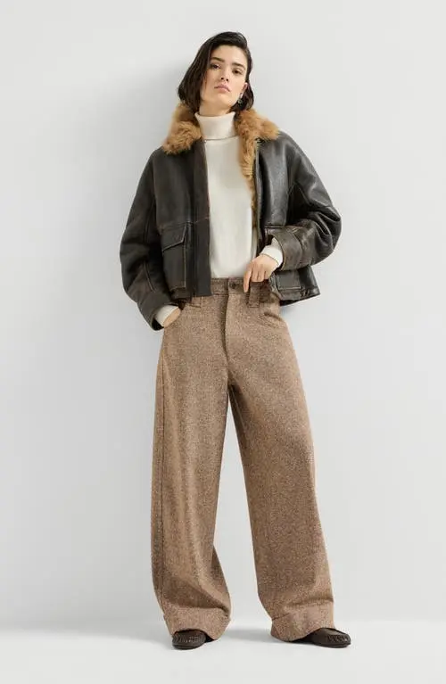Brunello Cucinelli Virgin Wool Donegal Baggy Five-pocket Trousers With Monili - Cappuccino