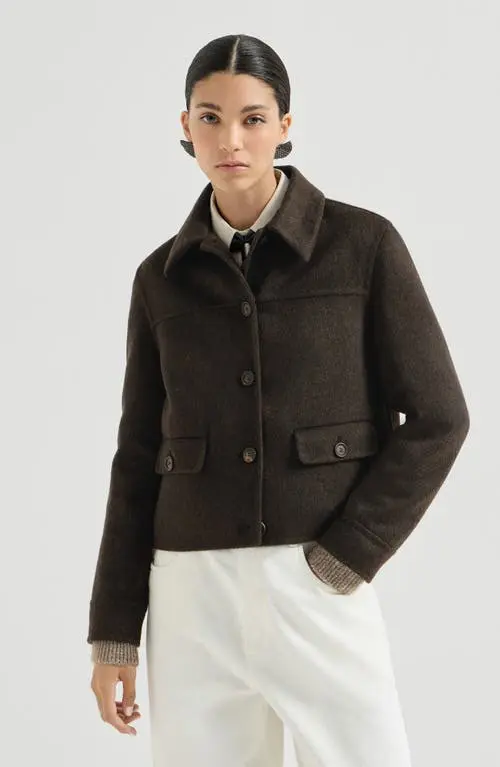 Brunello Cucinelli Hand-crafted Outerwear Jacket In Cashmere Beaver Double Cloth With Monili - Pine Cone Brown