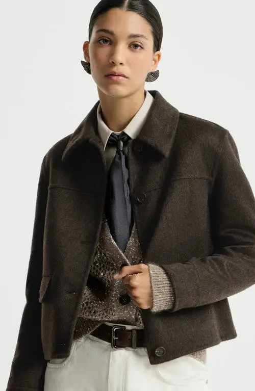Brunello Cucinelli Hand-crafted Cashmere Beaver Double Cloth Jacket With Monili - Pine Cone Brown
