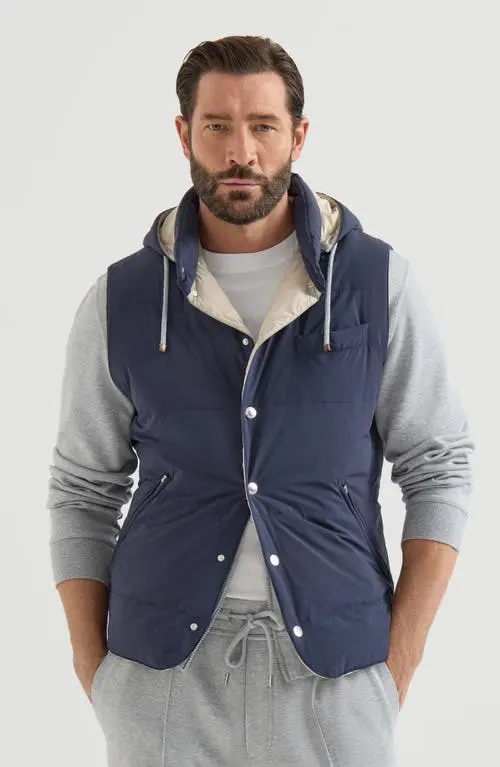Brunello Cucinelli Bonded Nylon Down Vest With Detachable Hood - Blue