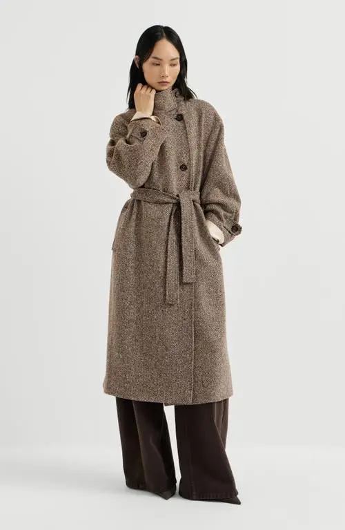 Brunello Cucinelli Sparkling Virgin Wool Chevron Belted Coat With Monili - Light Brown
