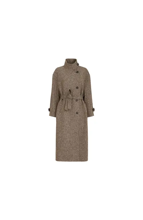 Brunello Cucinelli Sparkling Virgin Wool Chevron Belted Coat With Monili - Light Brown