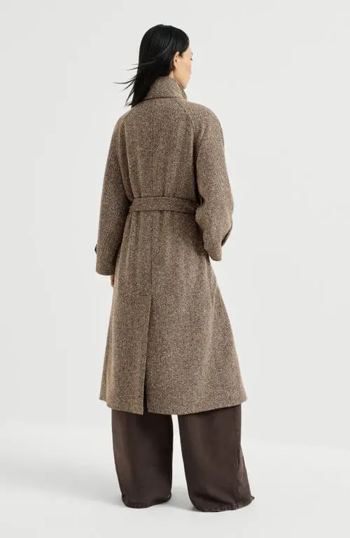Brunello Cucinelli Sparkling Virgin Wool Chevron Belted Coat With Monili - Light Brown