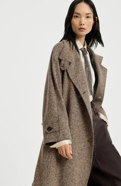 Brunello Cucinelli Sparkling Virgin Wool Chevron Belted Coat With Monili - Light Brown