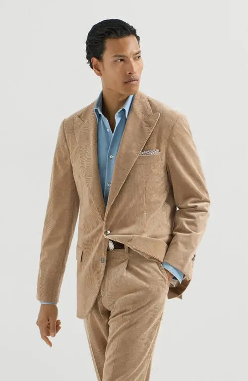 Brunello Cucinelli Comfort Cotton And Cashmere Corduroy Deconstructed Blazer With Large Peak Lapels And Metal Buttons - Camel