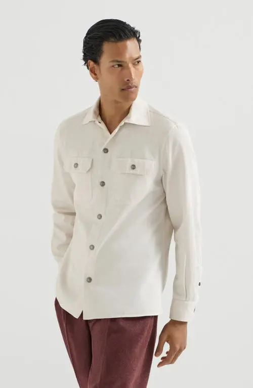 Brunello Cucinelli Garment-dyed Overshirt In Cotton Gabardine With Spread Collar And Chest Pockets - White