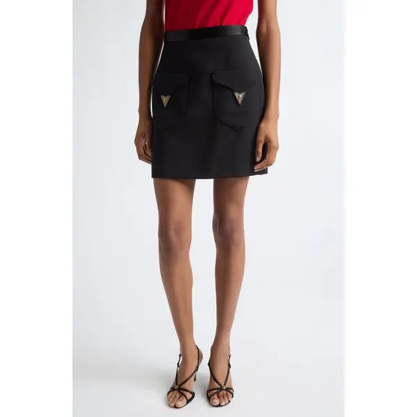 Versace Stretch Virgin Wool Mini Skirt With Medusa Filigree Embellishments - Black