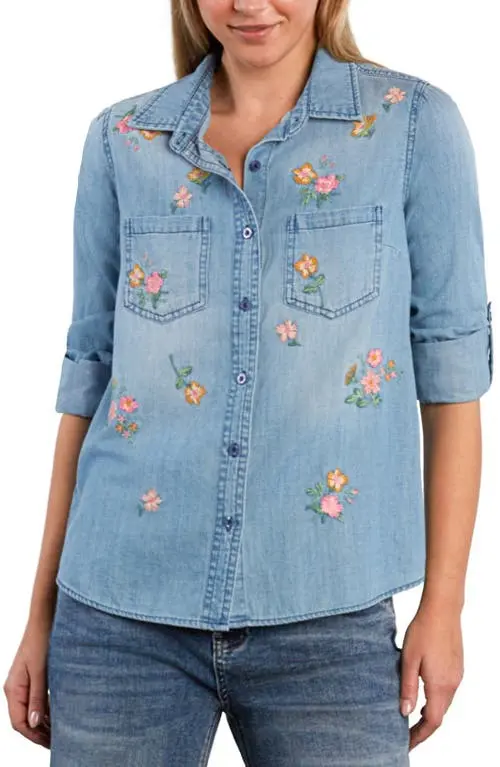 BILLY T Sunset Floral Embroidered Shirt - Washed Blue