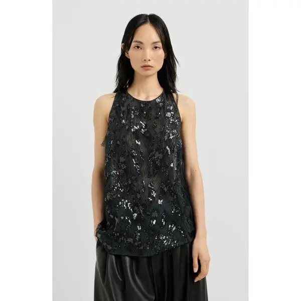 Brunello Cucinelli Crispy Silk Top With Dazzling Lynx Embroidery - Lignite