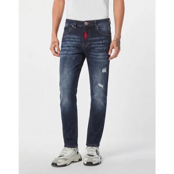 Philipp Plein Tapered Fit Jeans With Distressed Details - Blue Storm