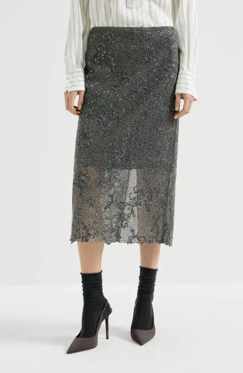 Brunello Cucinelli Dazzling Lace Embroidery Pencil Skirt In Sparkling Mohair And Wool - Dark Grey