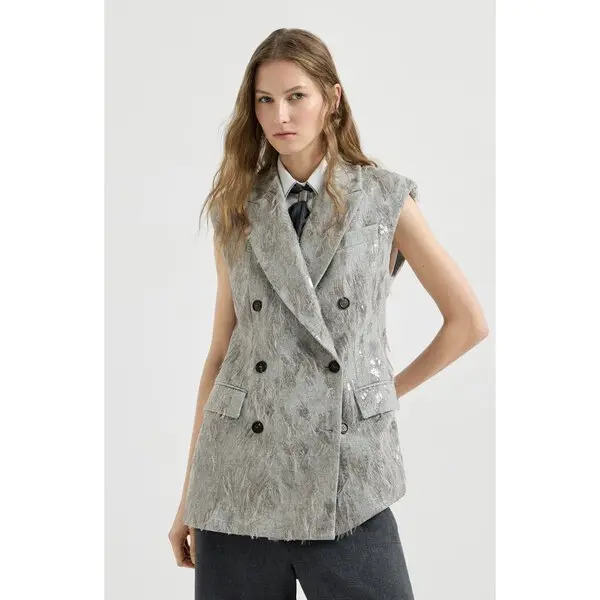 Brunello Cucinelli Virgin Wool And Cashmere Twill Flannel Vest With Dazzling Lynx Embroidery - Grey